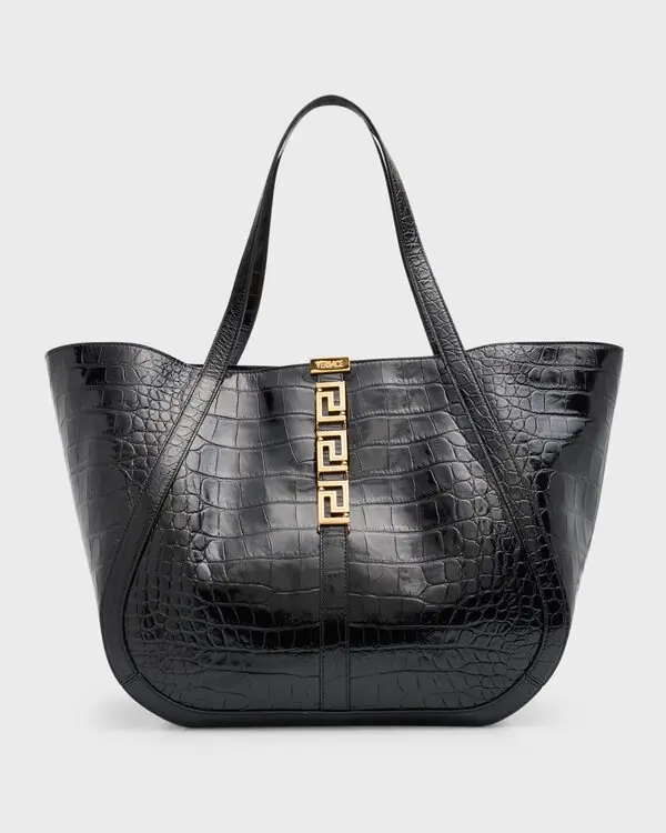 Versace Greca Goddess Large Croc-embossed Tote Bag - Black Versace Gol | Editorialist